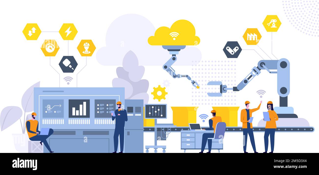 Manufacturing system flat vector illustration. Factory workers ...
