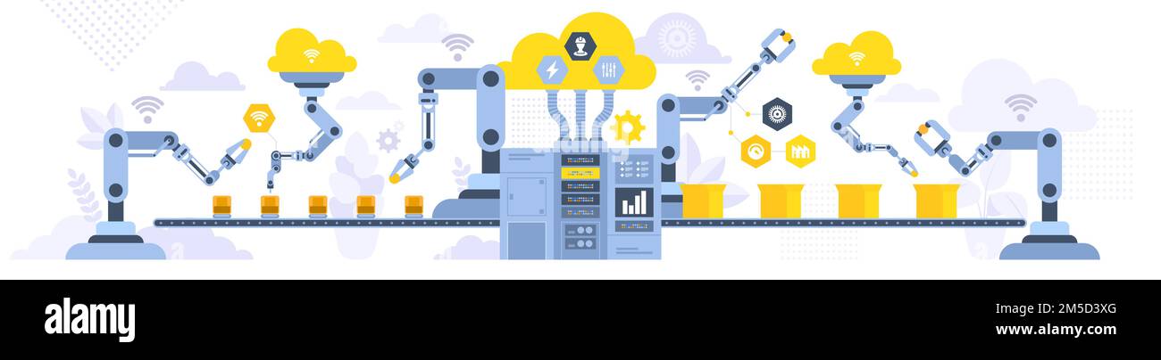 Assembly line with robotic arms flat illustration. Automated production ...