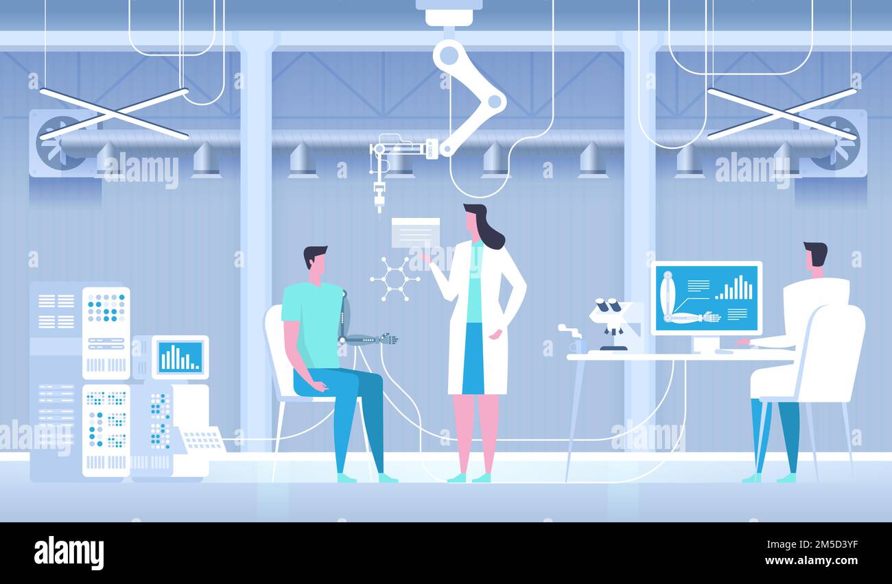 Man with bionic arm. Artificial hand. Science lab. Future medicine ...