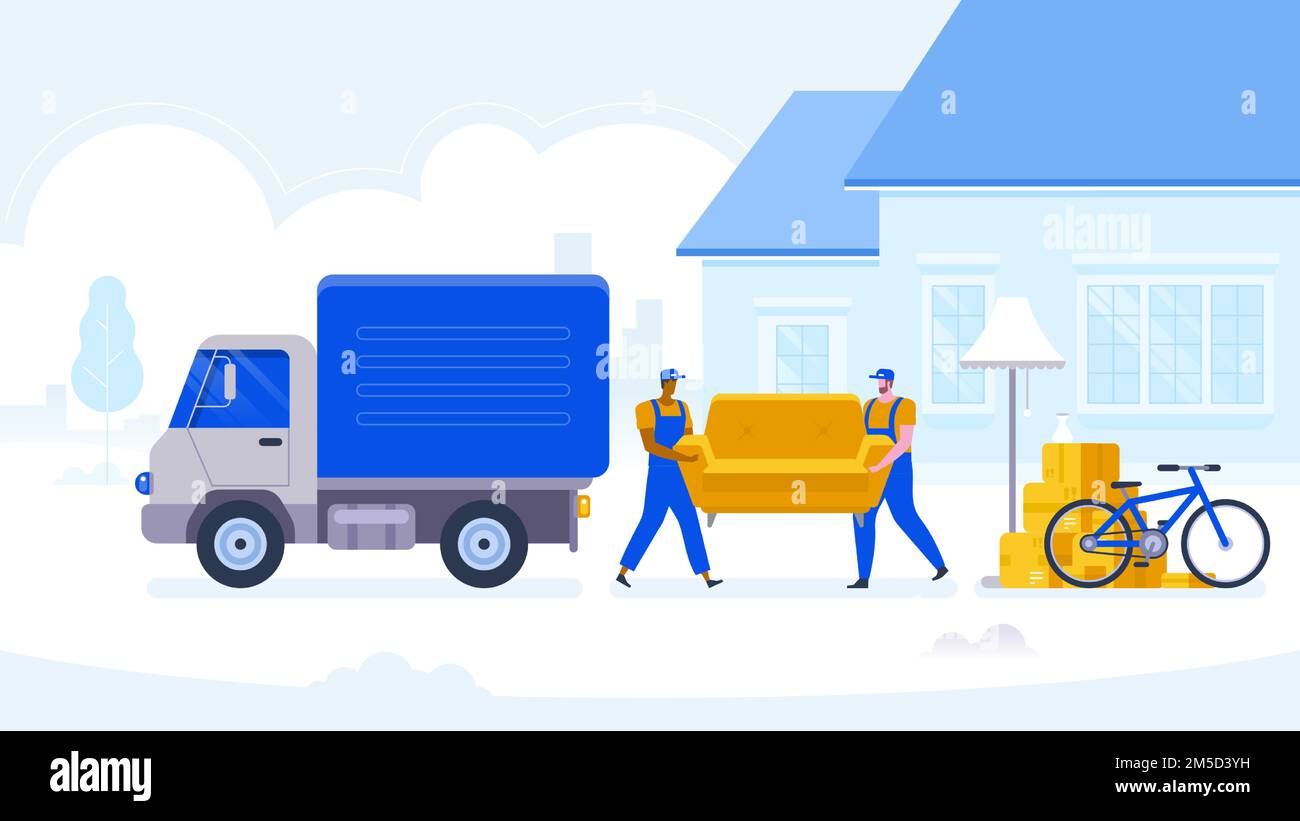 Moving house service. Moving with sofa and various boxes to new home ...