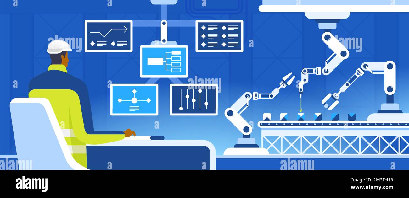 Assembling line administrator vector illustration. Engineer working ...
