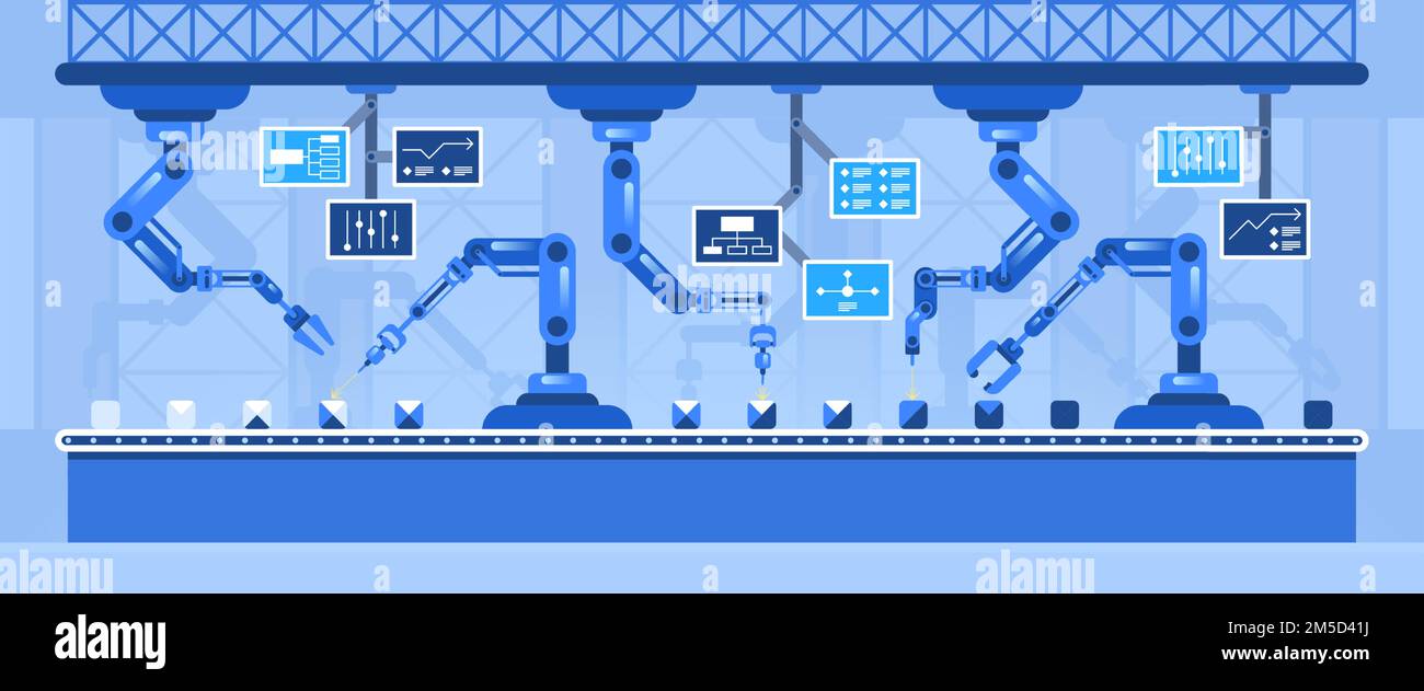 Automated conveyor line flat vector illustration. Modern production ...