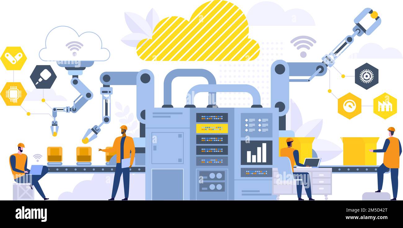 Smart conveyor flat vector illustration. Factory managers, engineer ...