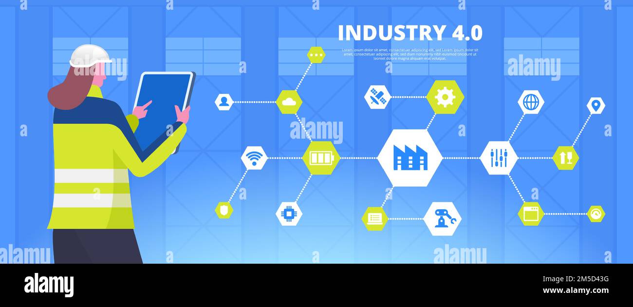 Smart industry flat banner vector template. Female factory worker ...