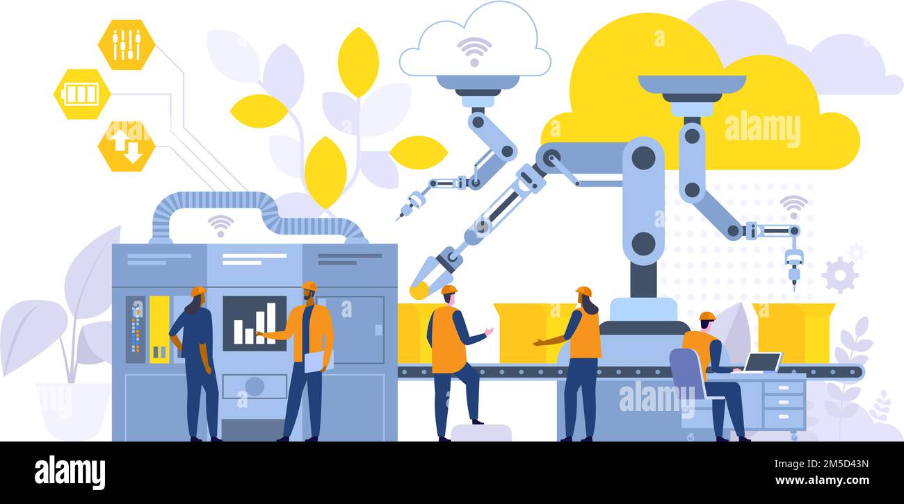 Manufacturing process flat vector illustration. Factory workers ...
