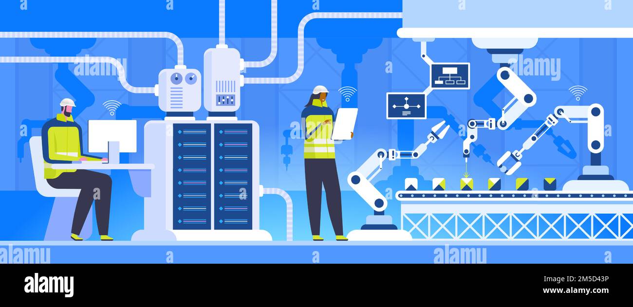 Manufacturing control flat vector illustration. Production engineers ...