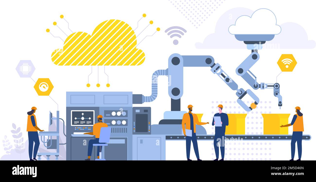 Automated production flat vector illustration. Factory workers ...