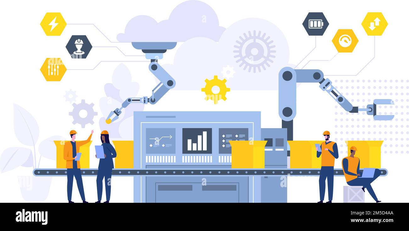 Production automation flat vector illustration. Male and female factory ...