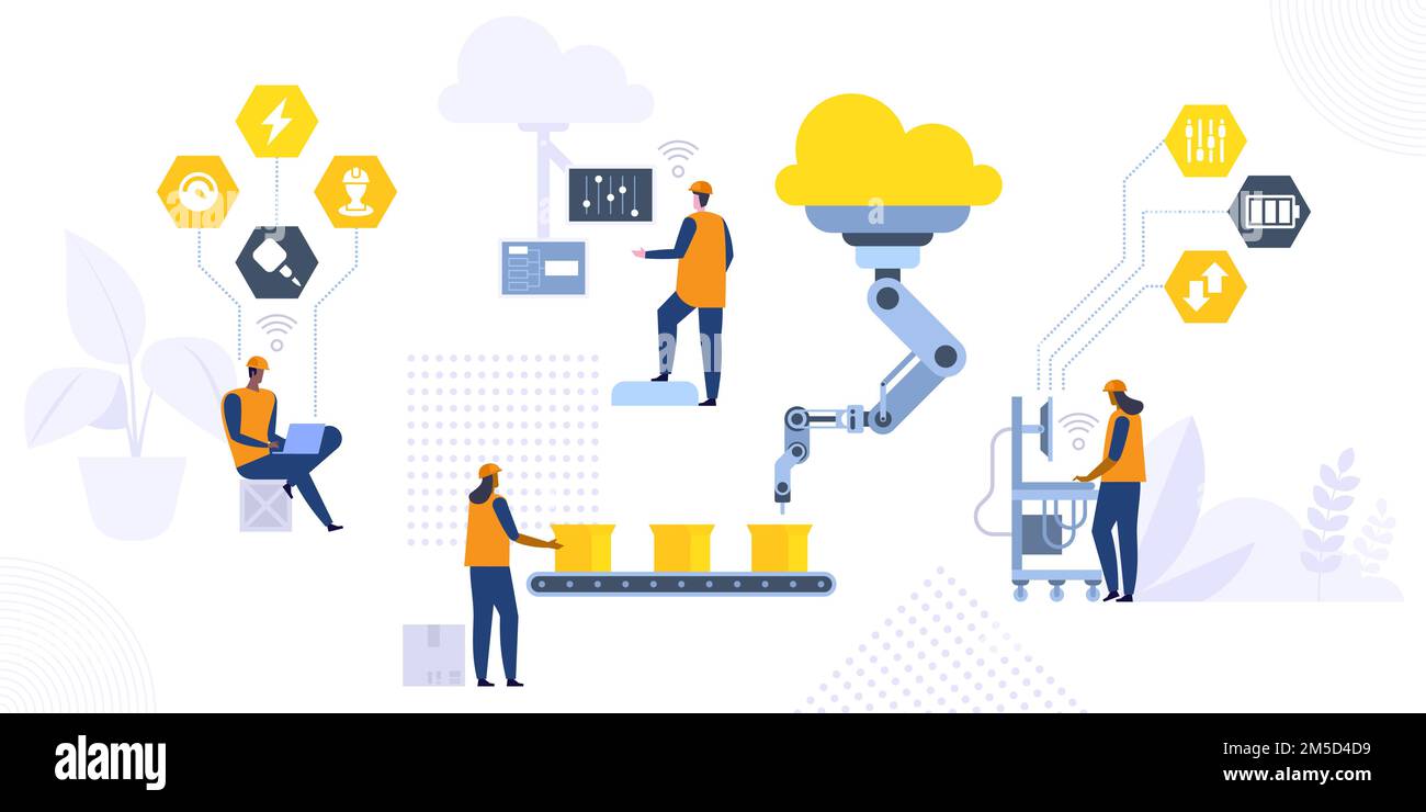 Smart industry 4.0 vector illustration concept. Production line with workers, automation and ...
