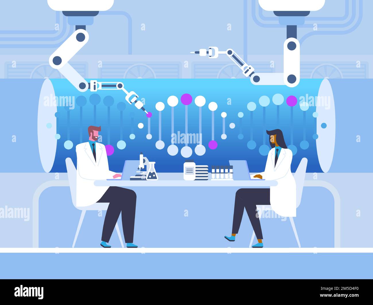 Biotechnology laboratory flat vector illustration. Male and female doctors, scientists cartoon ...