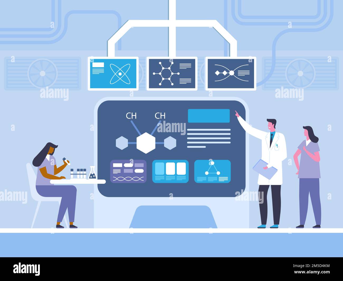 Biochemistry research flat vector illustration. Doctor, chemist with ...
