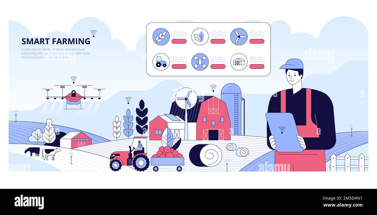 Smart farming and digital agriculture IOT concept. Farmer managing his ...