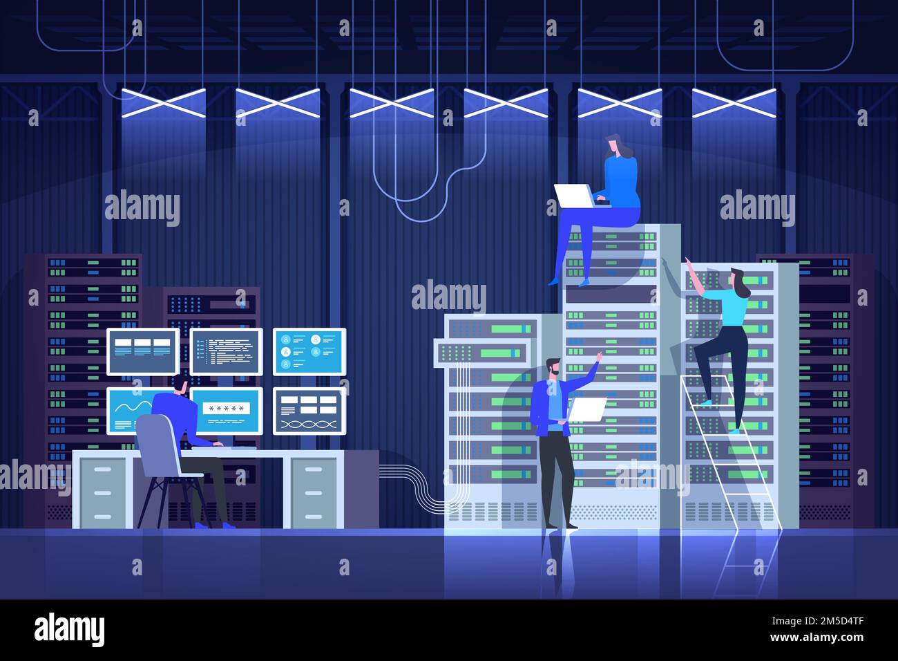 Server room. System administration. Control center. People working and managing IT technology ...