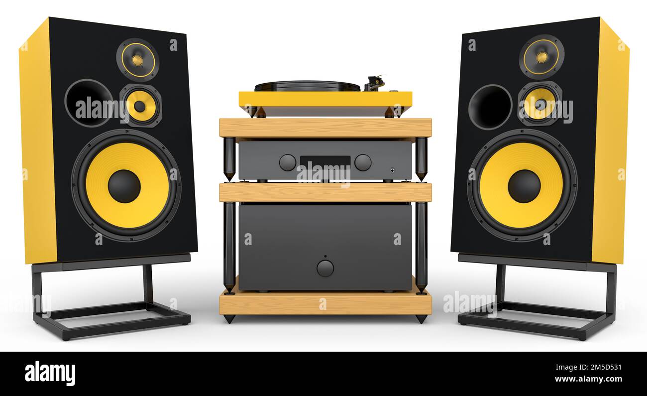 Set of Hi-fi speakers and DJ turntable for sound recording studio on ...