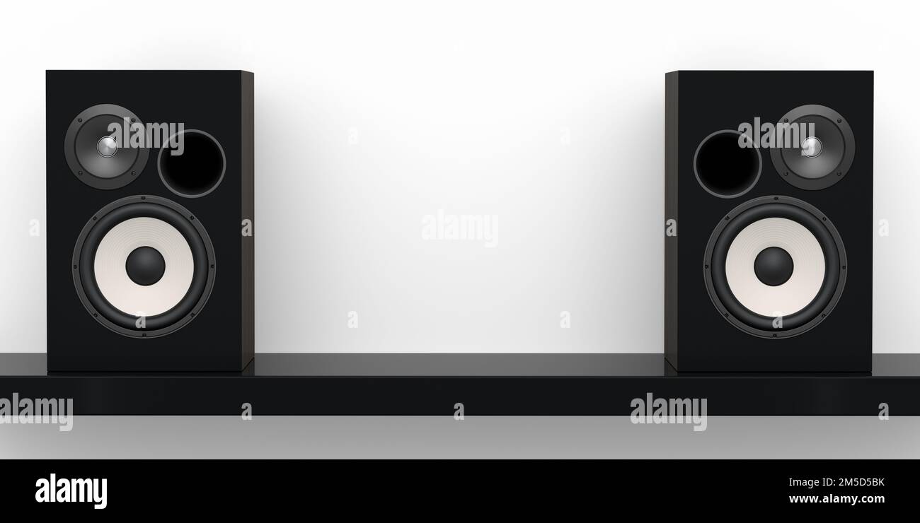 Hi-fi speakers with loudspeakers for sound recording studio on white ...