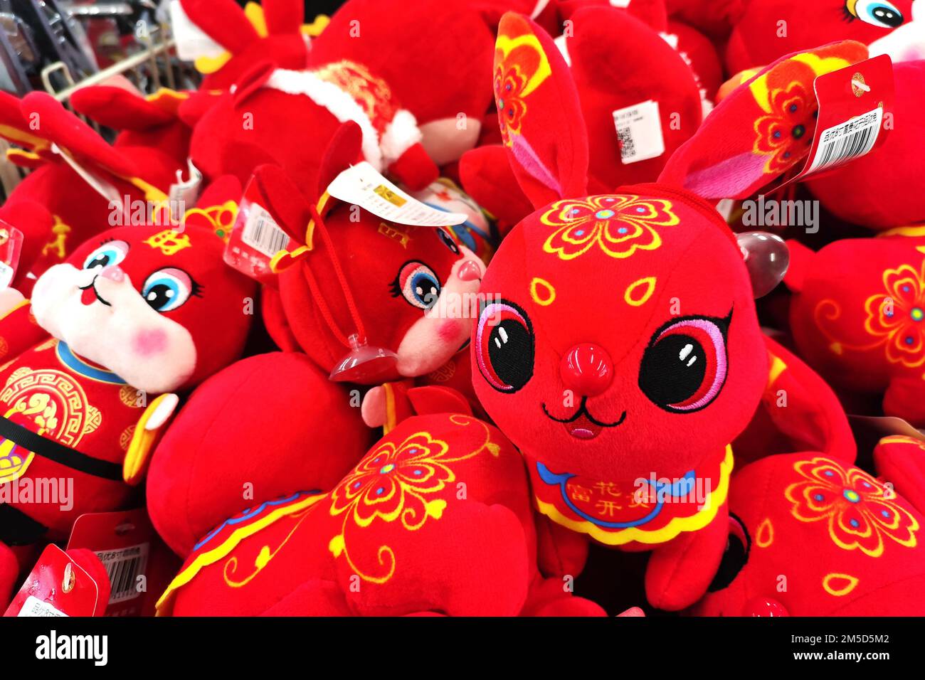 QINGDAO, CHINA - DECEMBER 26, 2022 - Chinese zodiac rabbit puppets are ...