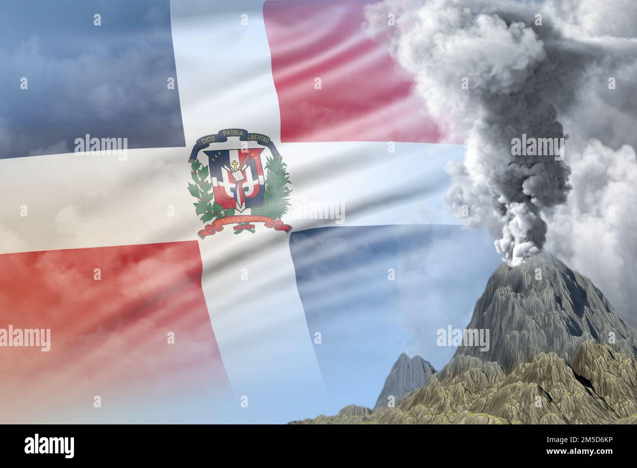 conical volcano eruption at day time with white smoke on Dominican ...
