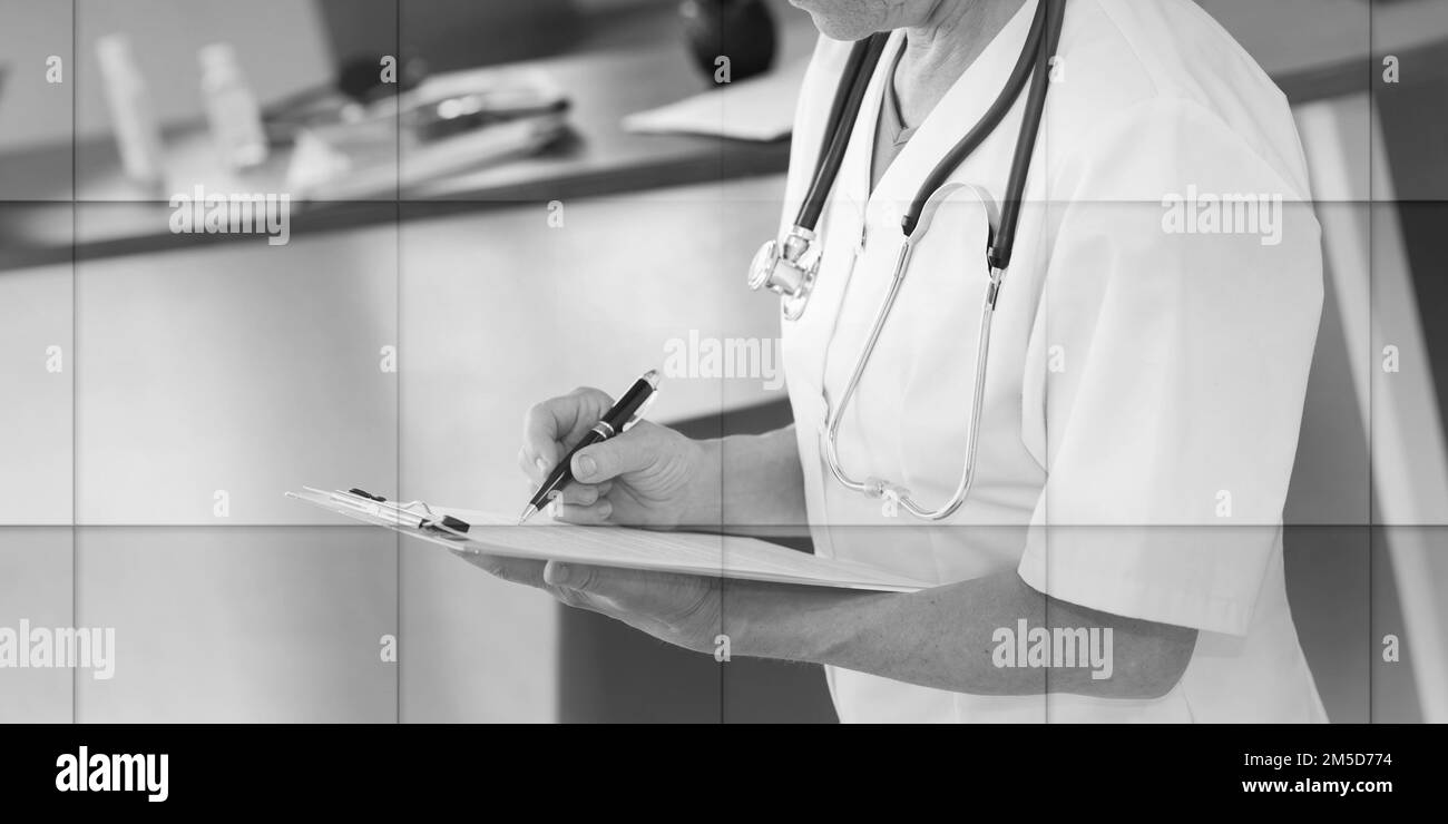 Female doctor taking notes on clipboard in medical office, geometric ...
