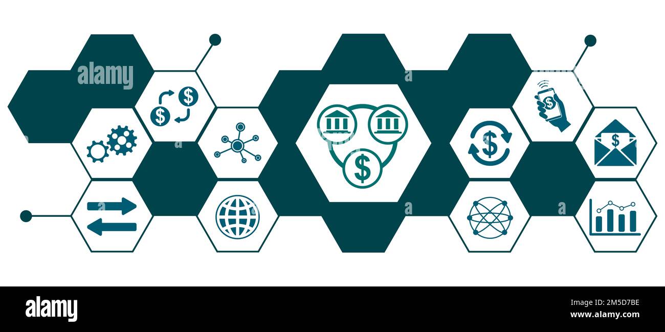 Concept of money transfer with connected icons Stock Photo - Alamy