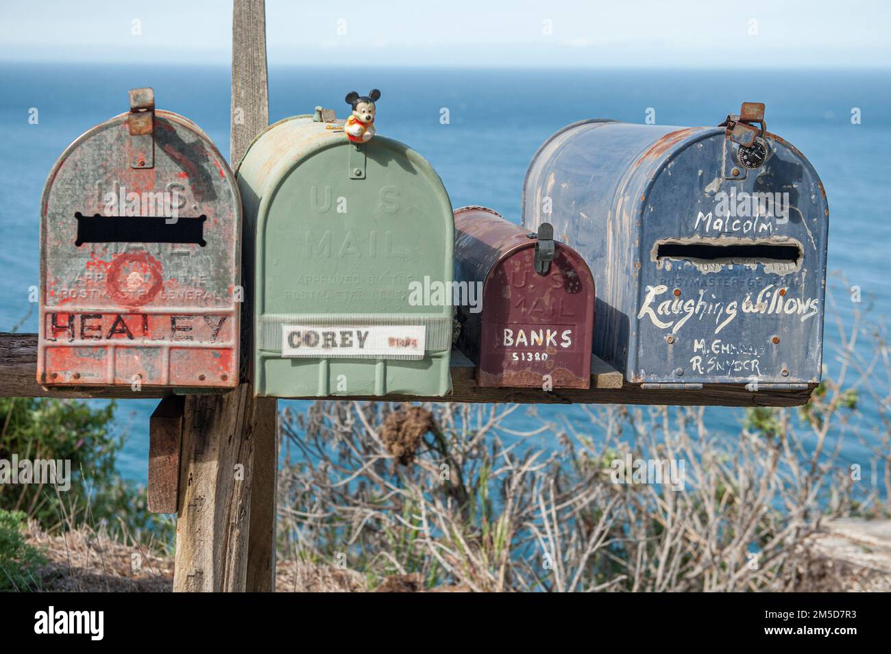 Traditional mailboxes at Partington Ridge in Big Sur on a sunny spring ...