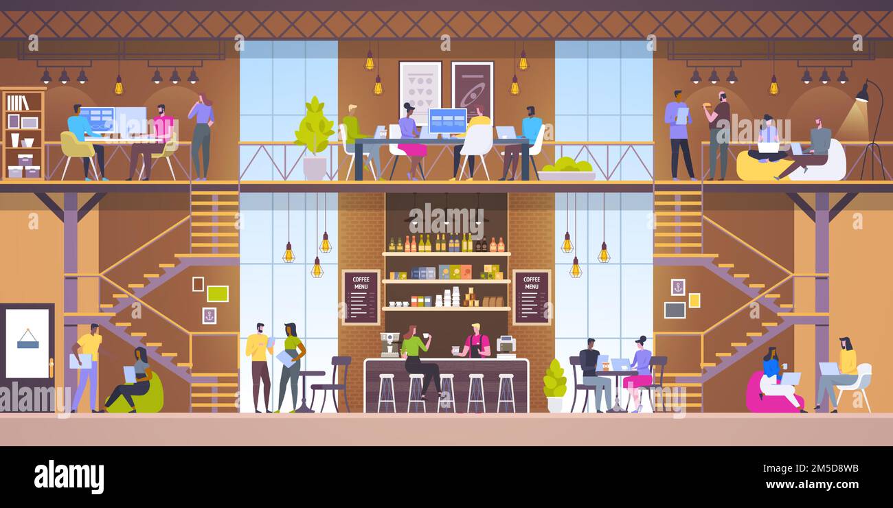 Modern workplace interior. Cafe in loft style. People in creative ...