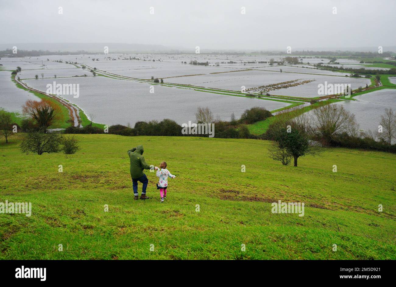 Flooded fields by the River Parrett at Somerset Levels near Bridgwater ...