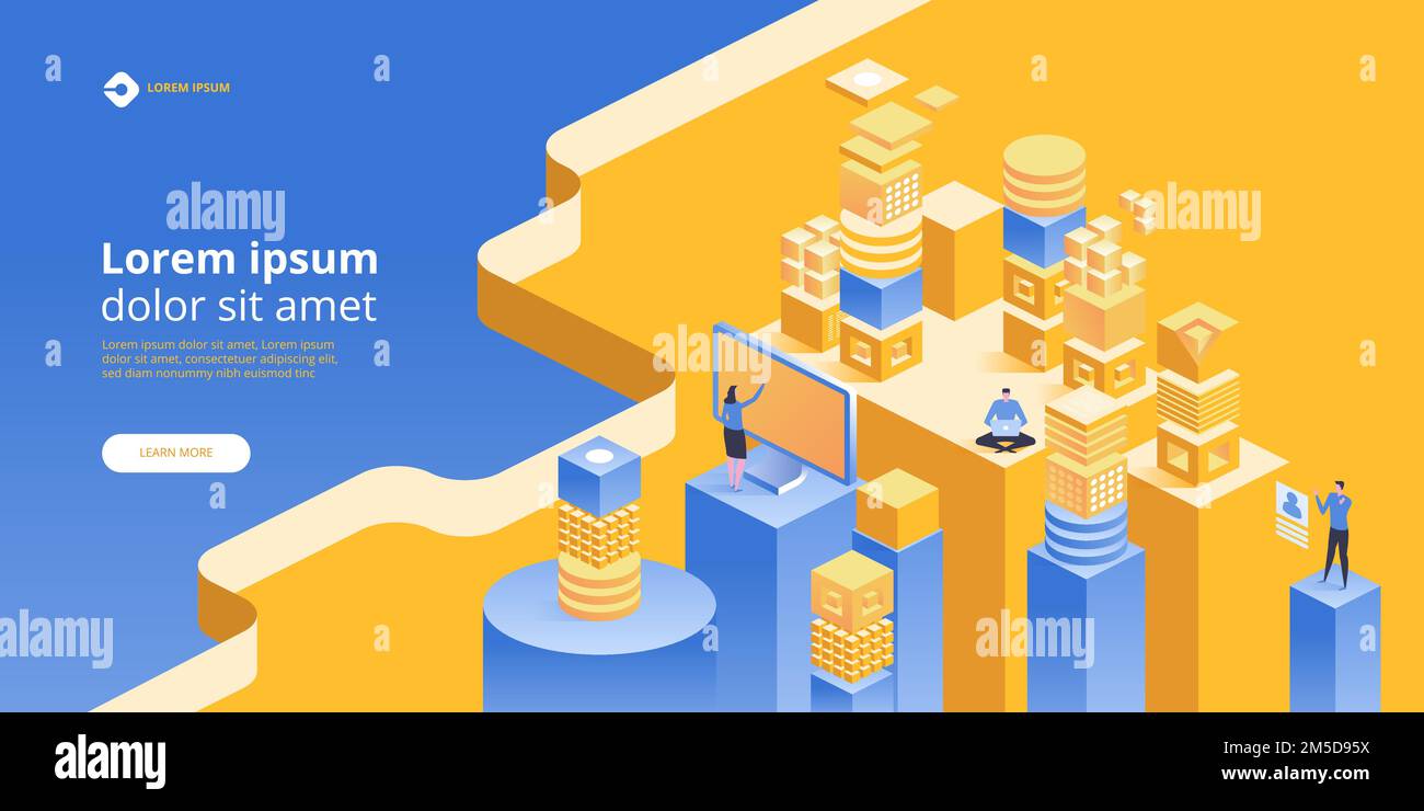 Blockchain concept banner. Isometric digital blocks connection with ...