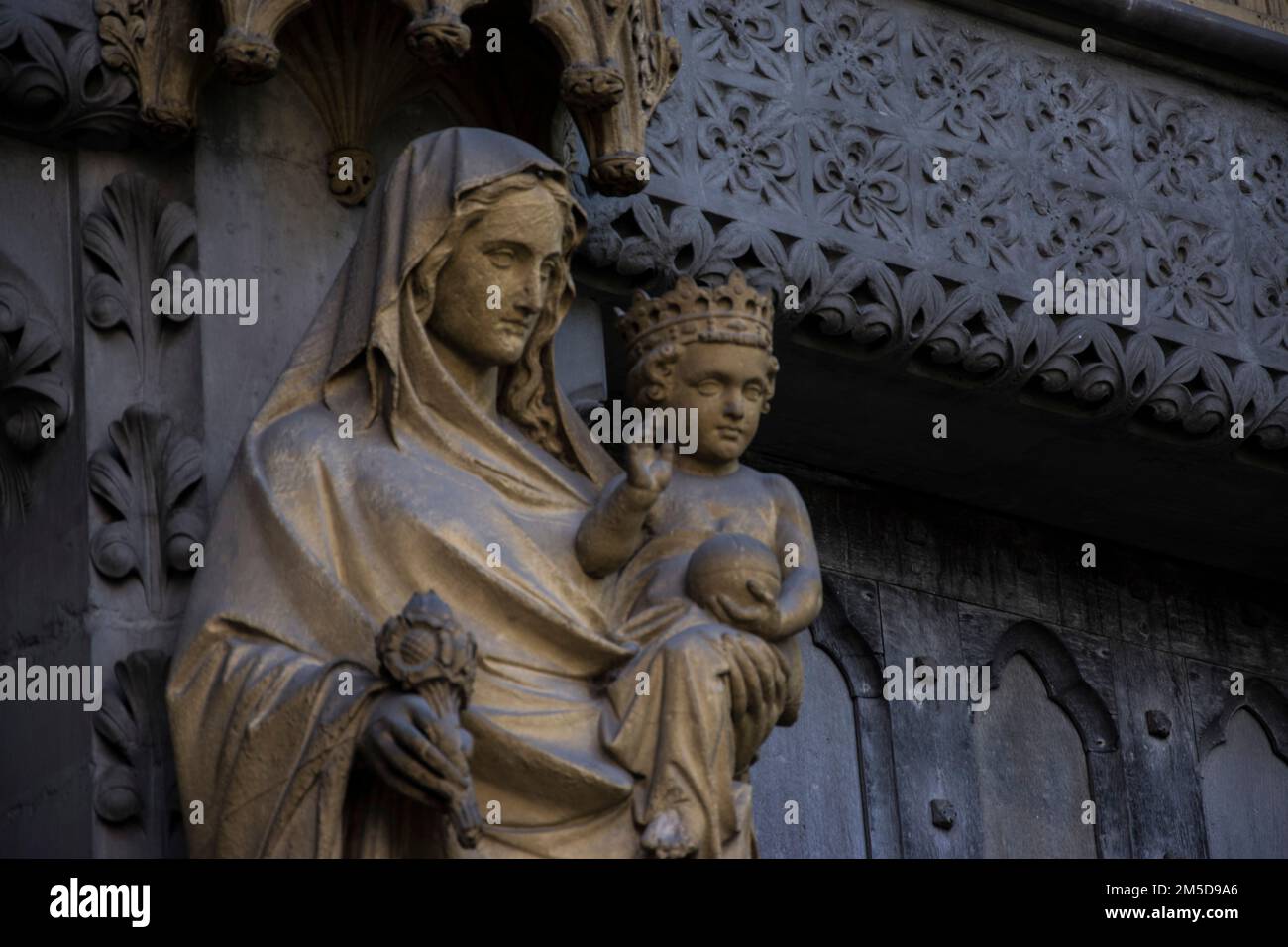 A close-up shot of the statue of the Virgin Maria with Christ in ...