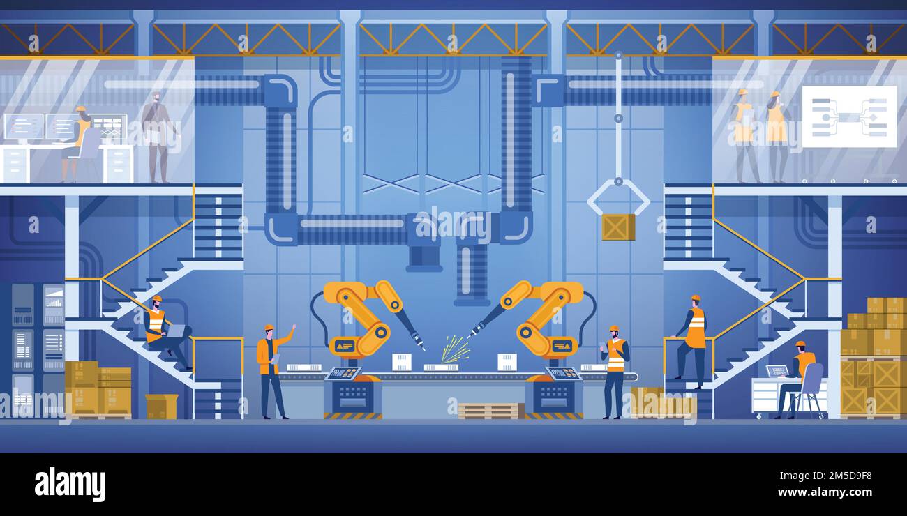 Smart factory interior with robotic arms, workers, engeneers and ...