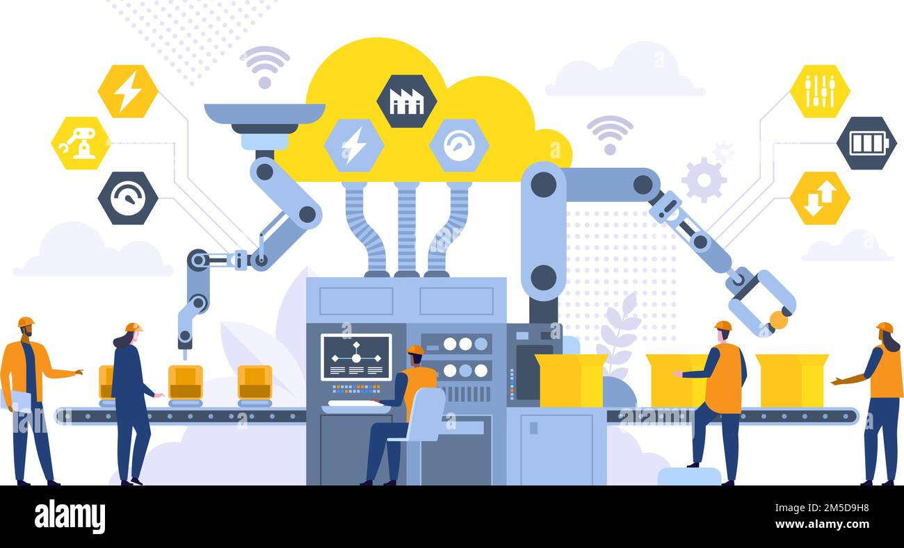 Assembly line with robotic arms flat illustration. Male and female ...