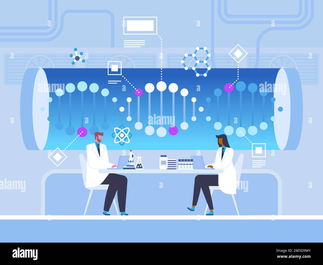 DNA helix study, research flat vector illustration. Doctors, scientists working with laptops ...