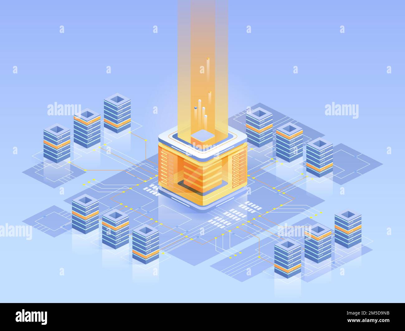 Bitcoin mining farm isometric illustration. Computer electronics, server architecture, e ...
