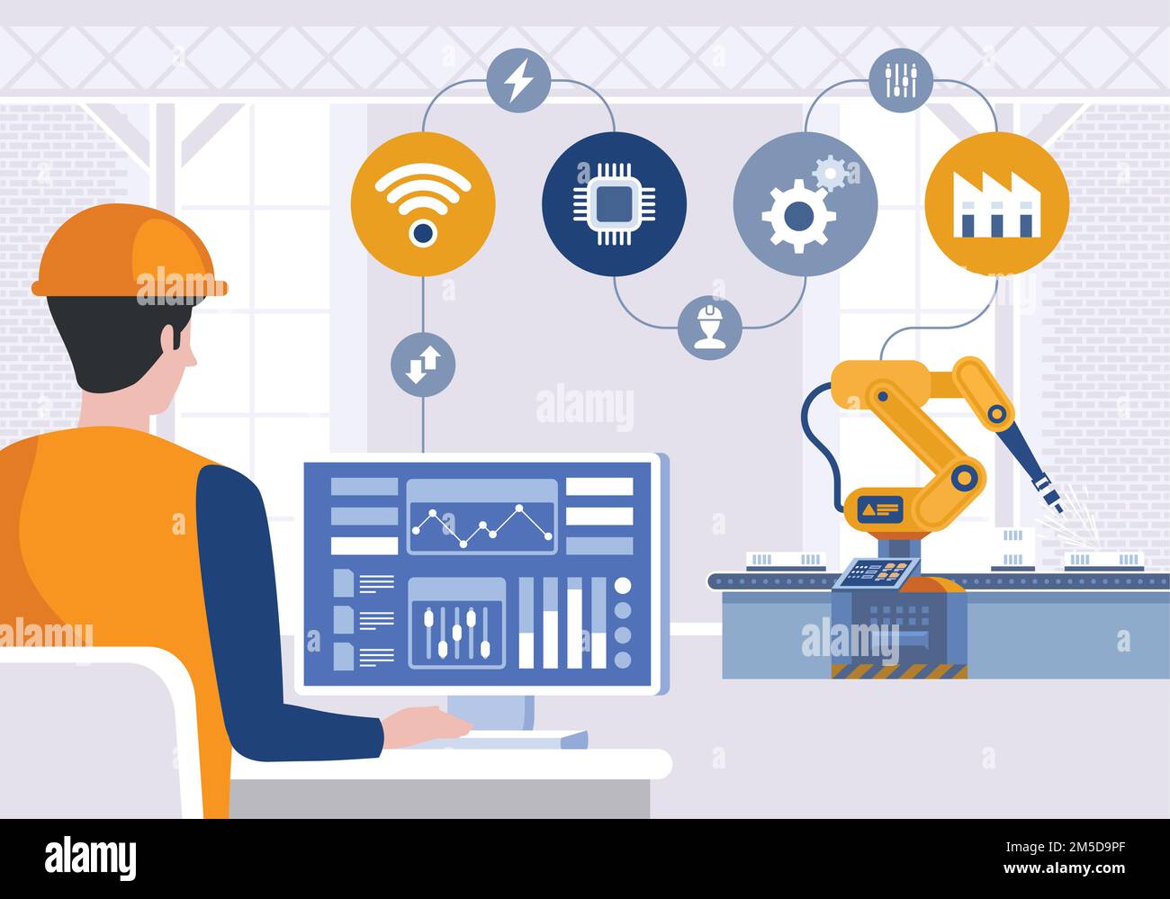 Engineer using computer to control robotic arm on smart factory. Industry 4.0 concept. Vector ...