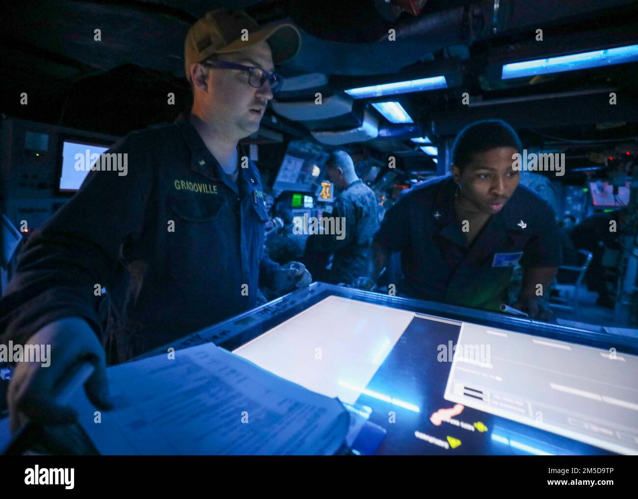 PHILIPPINE SEA (March 3, 2022) Sailors discuss an exercise in the ...