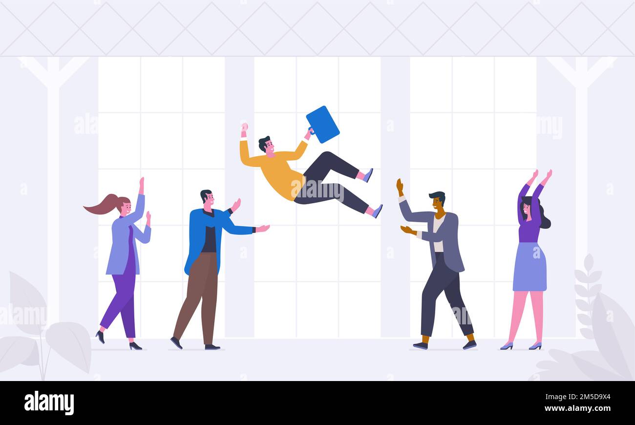 Business people celebrate victory throwing colleague up. Stormy ...