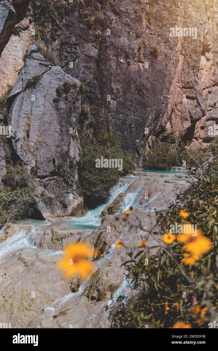Natural pools of Millpu in Huancaraylla. Turquoise lagoons near ...