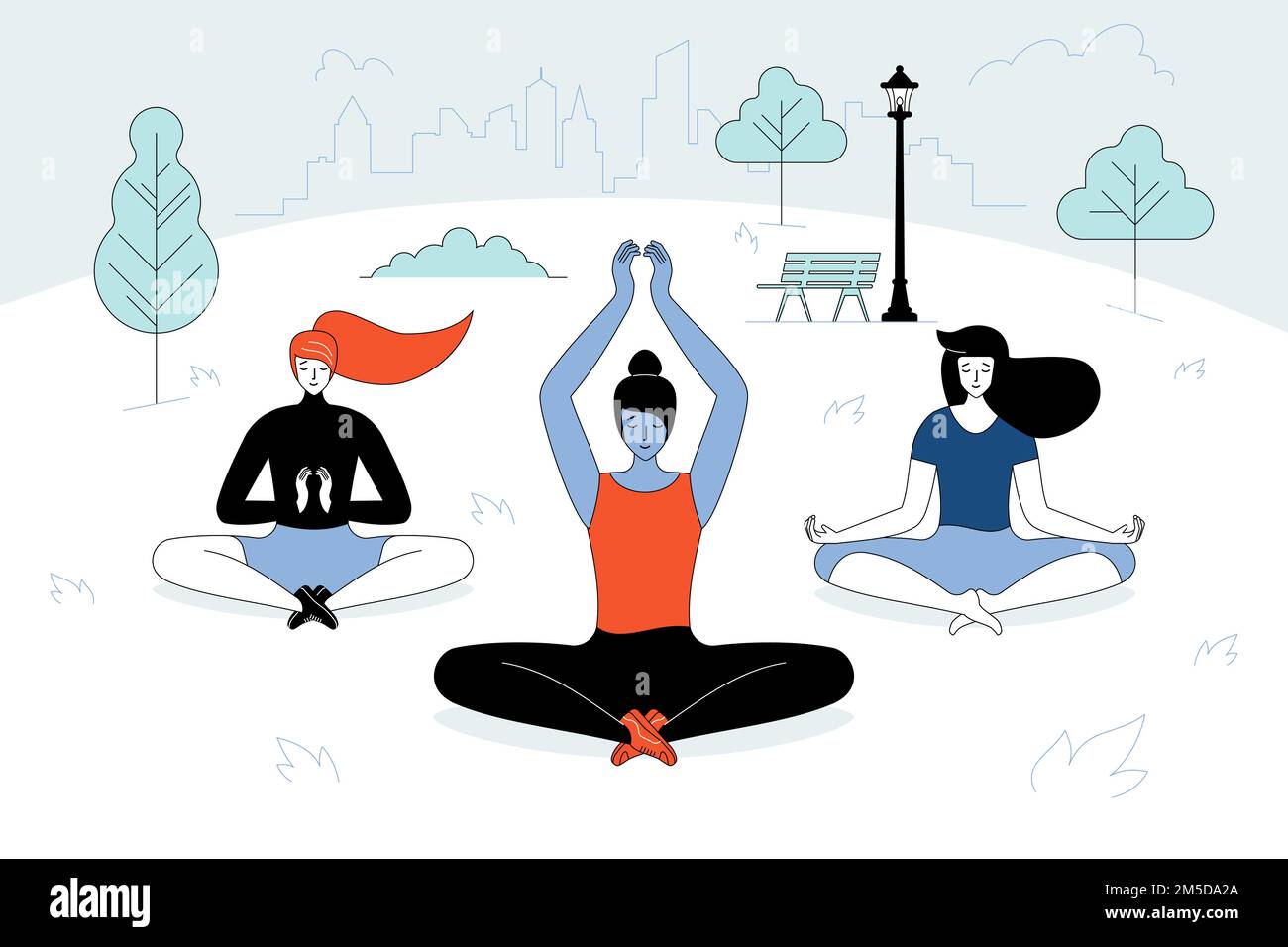 Outdoor yoga class flat vector illustration. Young women in sportswear ...