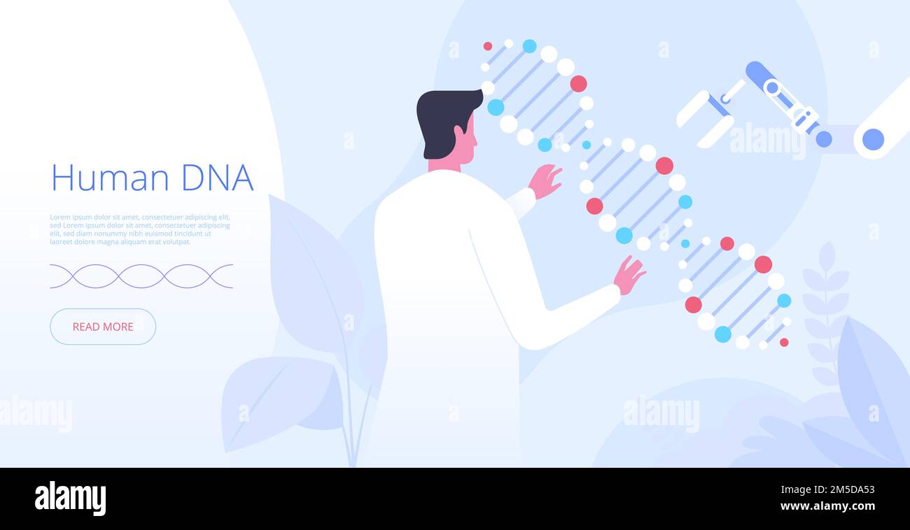 Human DNA landing page vector template. Genetic engineering website ...