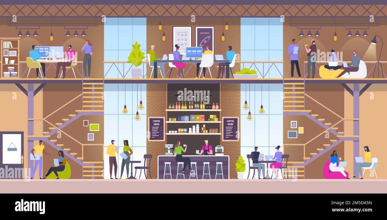 Modern workplace interior. Cafe in loft style. People in creative ...