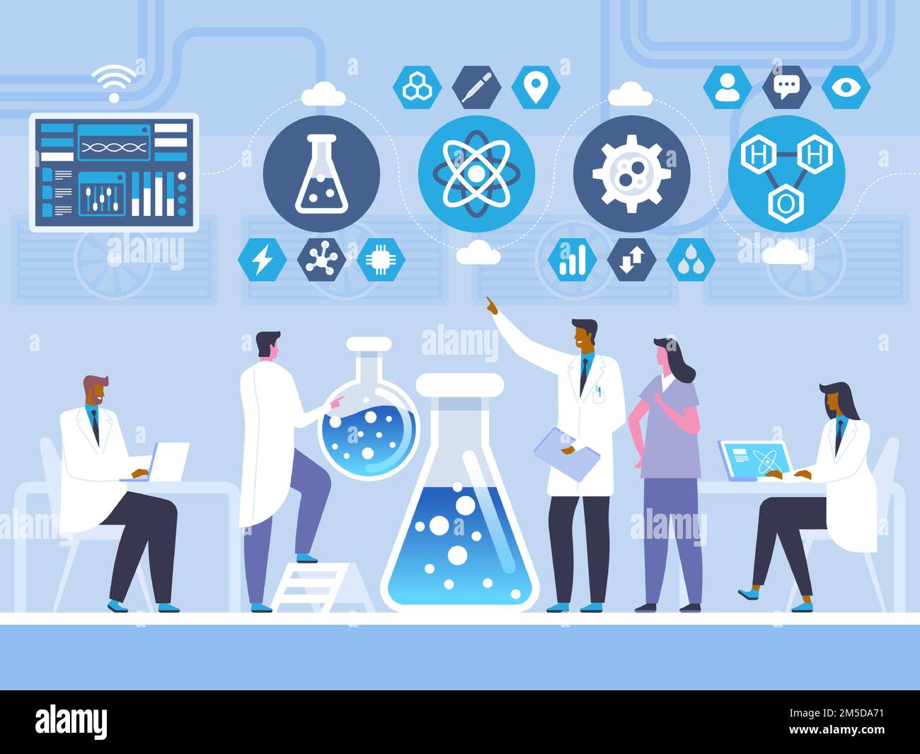 Chemistry laboratory test flat vector illustration. Doctors and ...