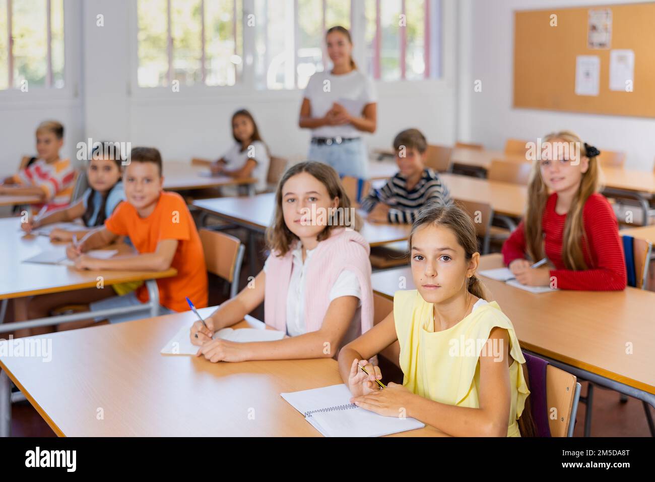 Boys an girls sitting at lesson in classroom, teacher standing Stock ...