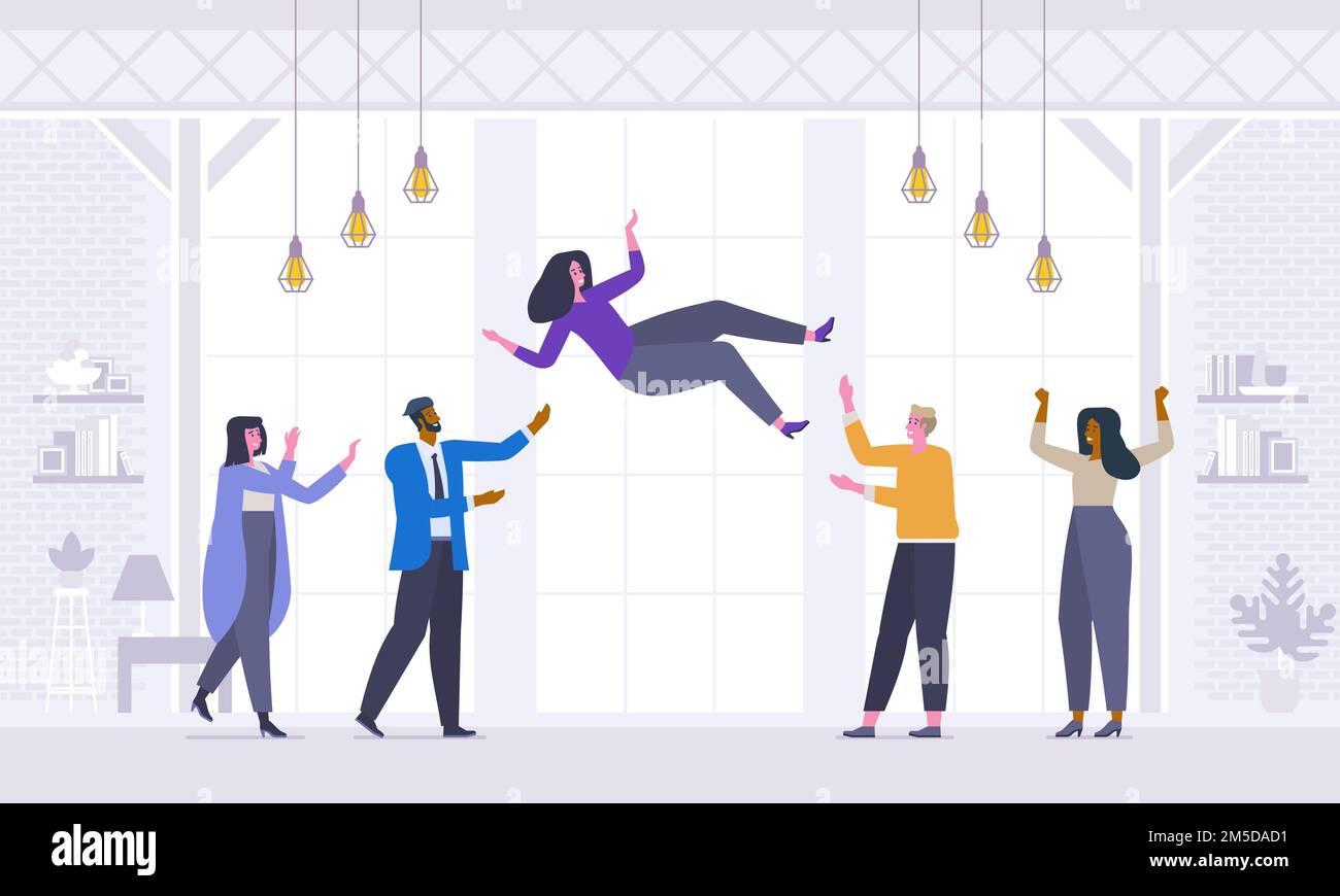 Business people celebrate victory throwing colleague up. Stormy ...