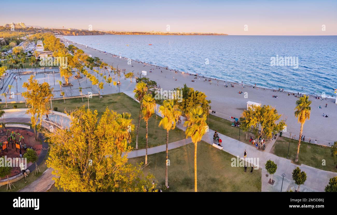 Aerial view of a beach park with vacationers in Antalya, Turkiye ...