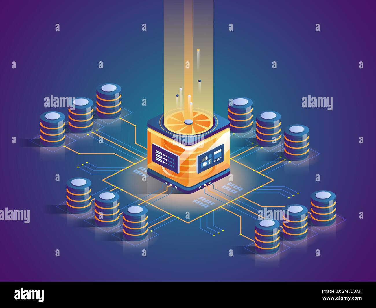 Computer hardware flat isometric illustration. Electrical circuit, motherboard, microchip with ...
