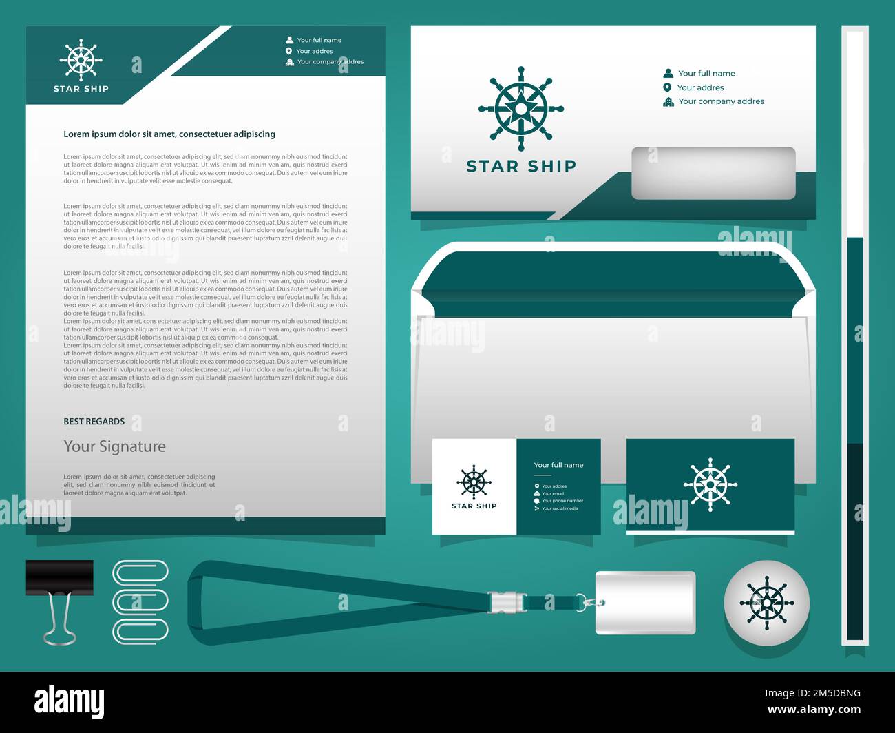 A vector illustration of a Star Ship logo with letterhead, envelope and ...