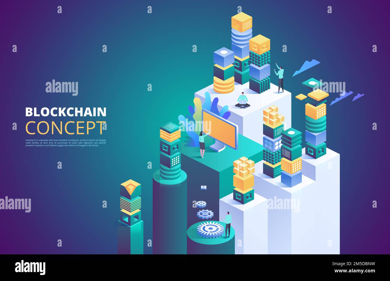Blockchain concept. Isometric digital blocks. Crypto chain. Abstract ...