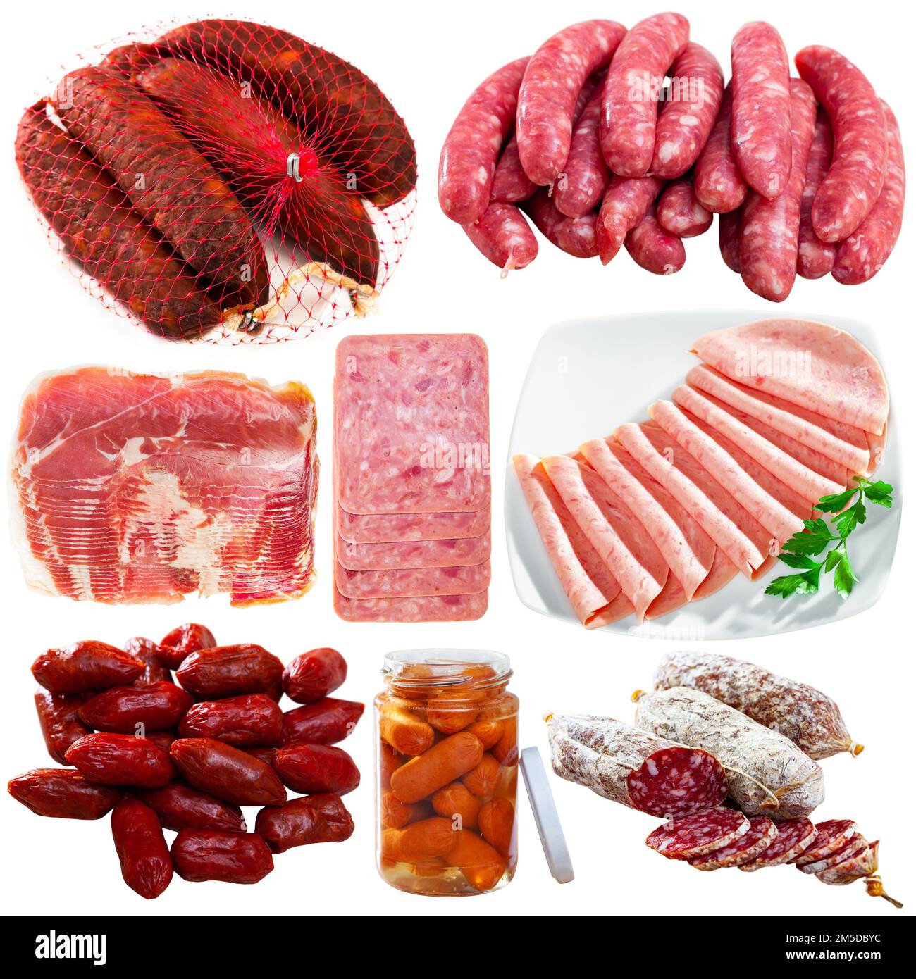 Collage of various meat products isolated on white Stock Photo - Alamy