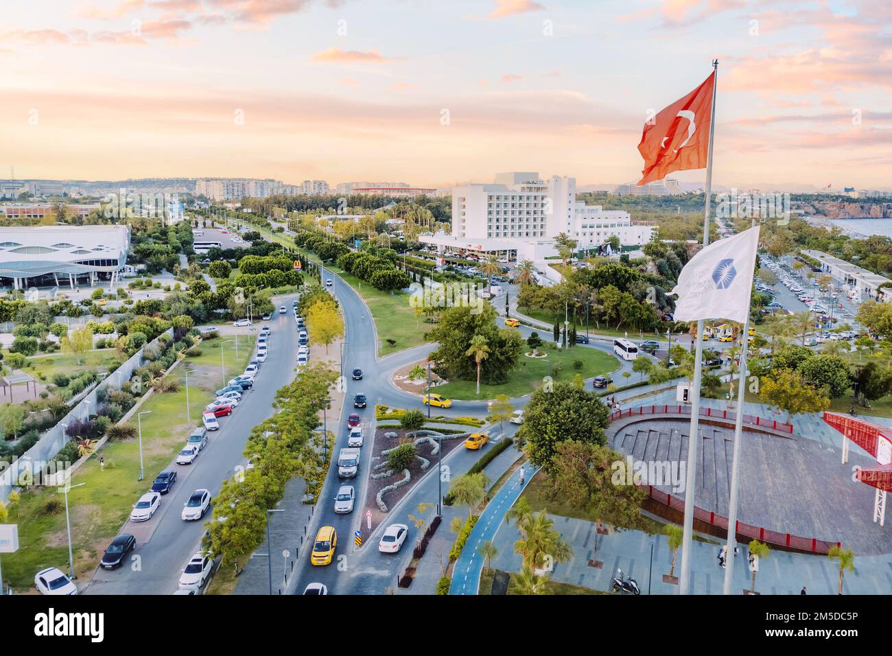 07 September 2022, Antalya, Turkiye: Aerial view of a beach park with ...