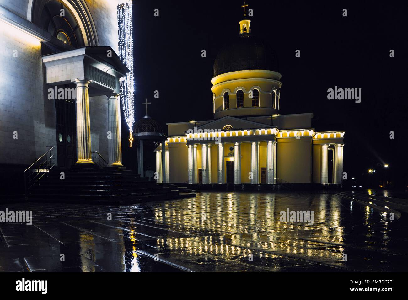 Cathedral in the rainy night . Church building reflection Stock Photo ...