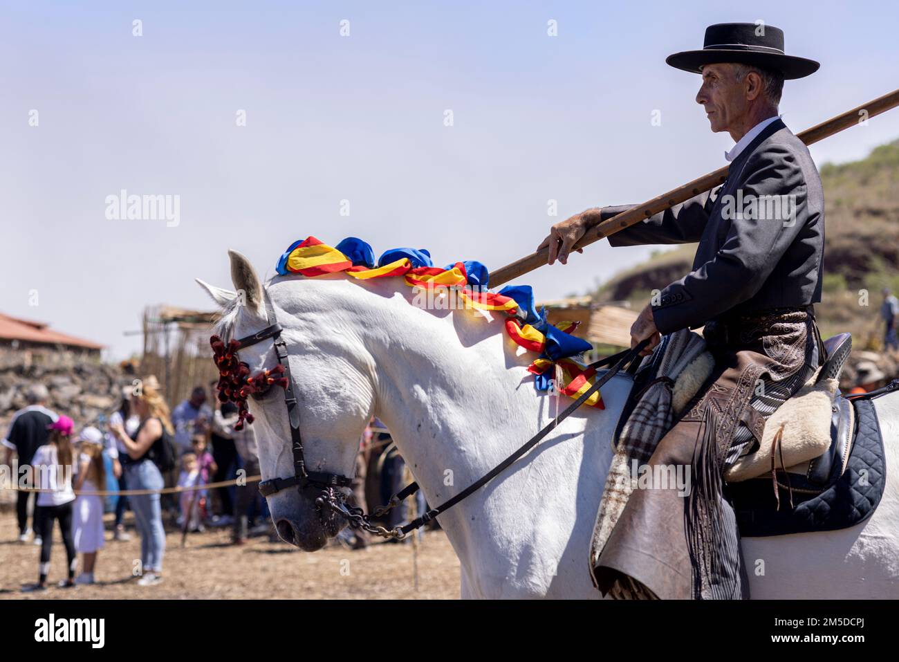 Andalucian horseman giving a display of traditional horsemanship and ...